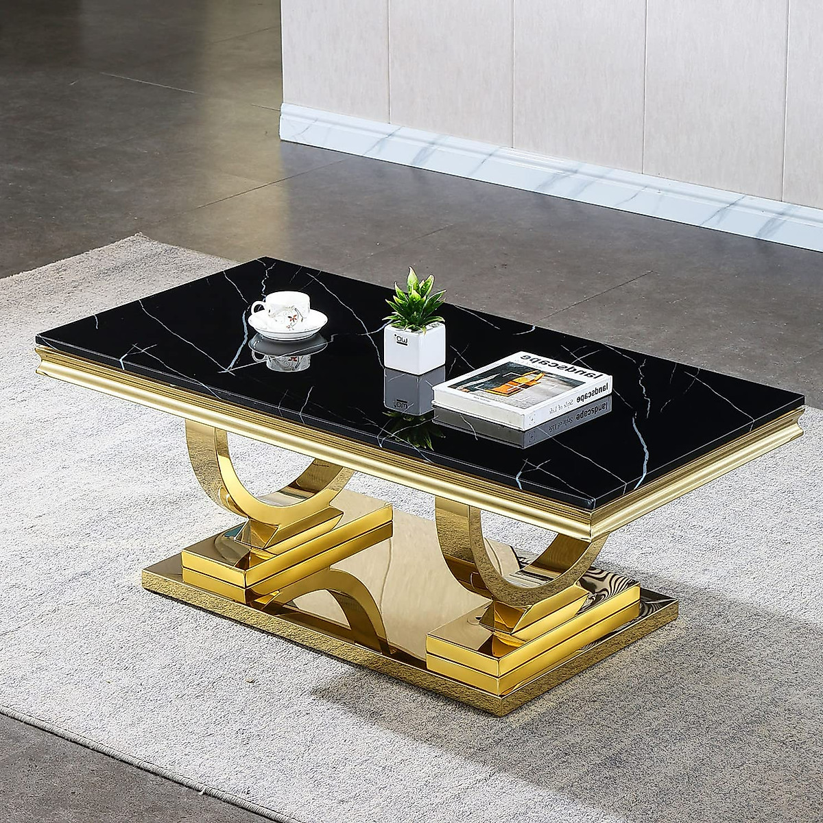 47" Rectangular Marble Coffee Table, Modern Luxury Living Room Center Table, Mid-Century Elegant Black Faux Marble Cocktail Table with O-Shape Gold Mirrored Stainless Steel Pedestal Base