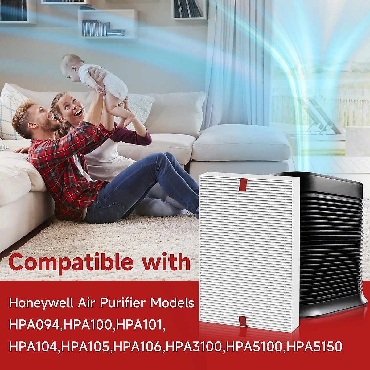 HPA100 True HEPA Replacement Air Filter Compatible with HPA094, HPA104, HPA105 HPA3100, HPA5100 Series Purifier, Replace HRF-ARVP100, 3 HEPA Filter R and 3 Pre-Cut Carbon Filter A