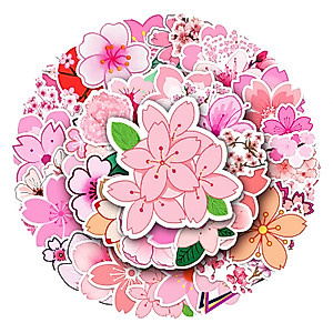 50 Sakura Flowers Stickers Cherry Blossom Vinyl Aesthetic Stickers for Scrapbooking Laptop Calendars Water Bottle Journals Envelopes Waterproof Stickers