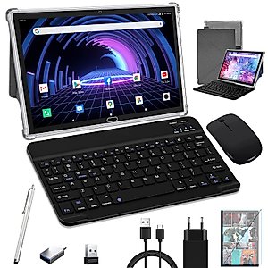 HD Tablet with Keyboard, Android 11.0 2 in 1 Tablets, 10.1 inch, 4GB RAM 64GB ROM 256GB Expandable, Octa-Core Processor, WiFi, GPS, Bluetooth, Google Certified Tablet PC