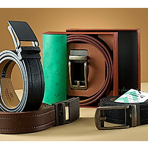 Marino Men's Comfort Click Ratchet Belt Casual Leather Belt for Men - Automatic Linxx Buckle, 1 3/8" Wide - Elegant Gift Box - Sandpaper Linxx - Deep Charcoal - Adjustable from 28" to 44" Waist