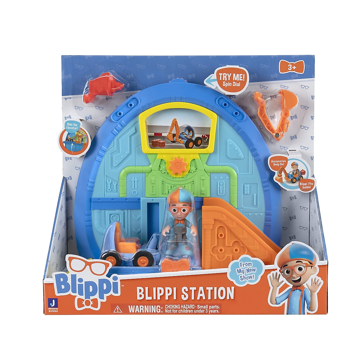 Blippi Wonders Station Playset - Explore Includes One Station Playset with 1 Figure, 1 BlippiMobile, 2 Vehicle Add-Ons,Blue / Orange