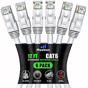 Maximm Cat 6 Ethernet Cable 12 ft (6-Pack) - High-Speed LAN Cable, Internet Cable, Patch Cable, and Network Cable - UTP, 10Gbps, 550MHz Ethernet Cord - White