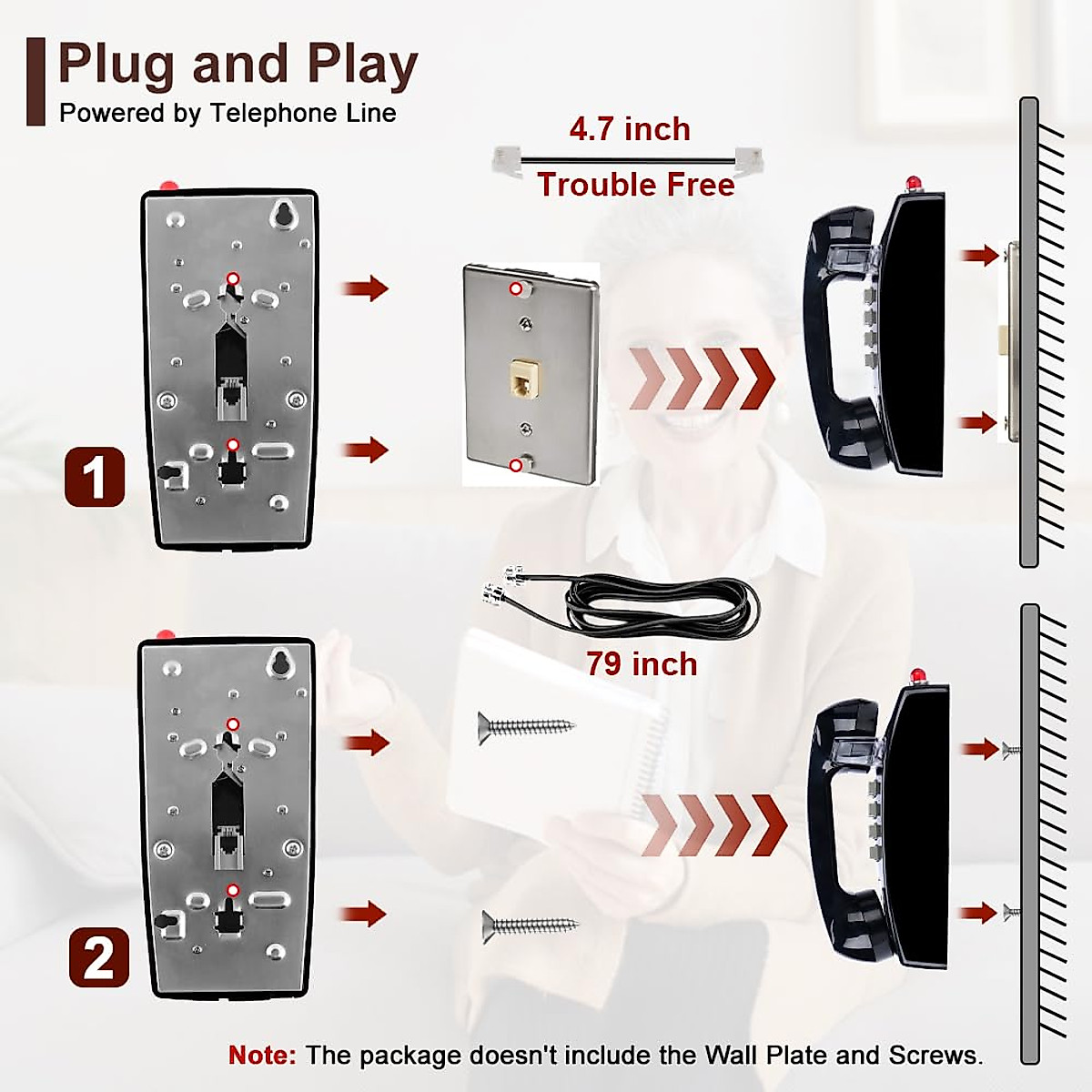 Classic Wall Phone for Landline with Mechanical Ringing, Single Line 2554 Wall Telephone with Indicator, Retro Wall Mounted Phone Waterproof, Old Wall Mount Phone for Kitchen,Home, Black