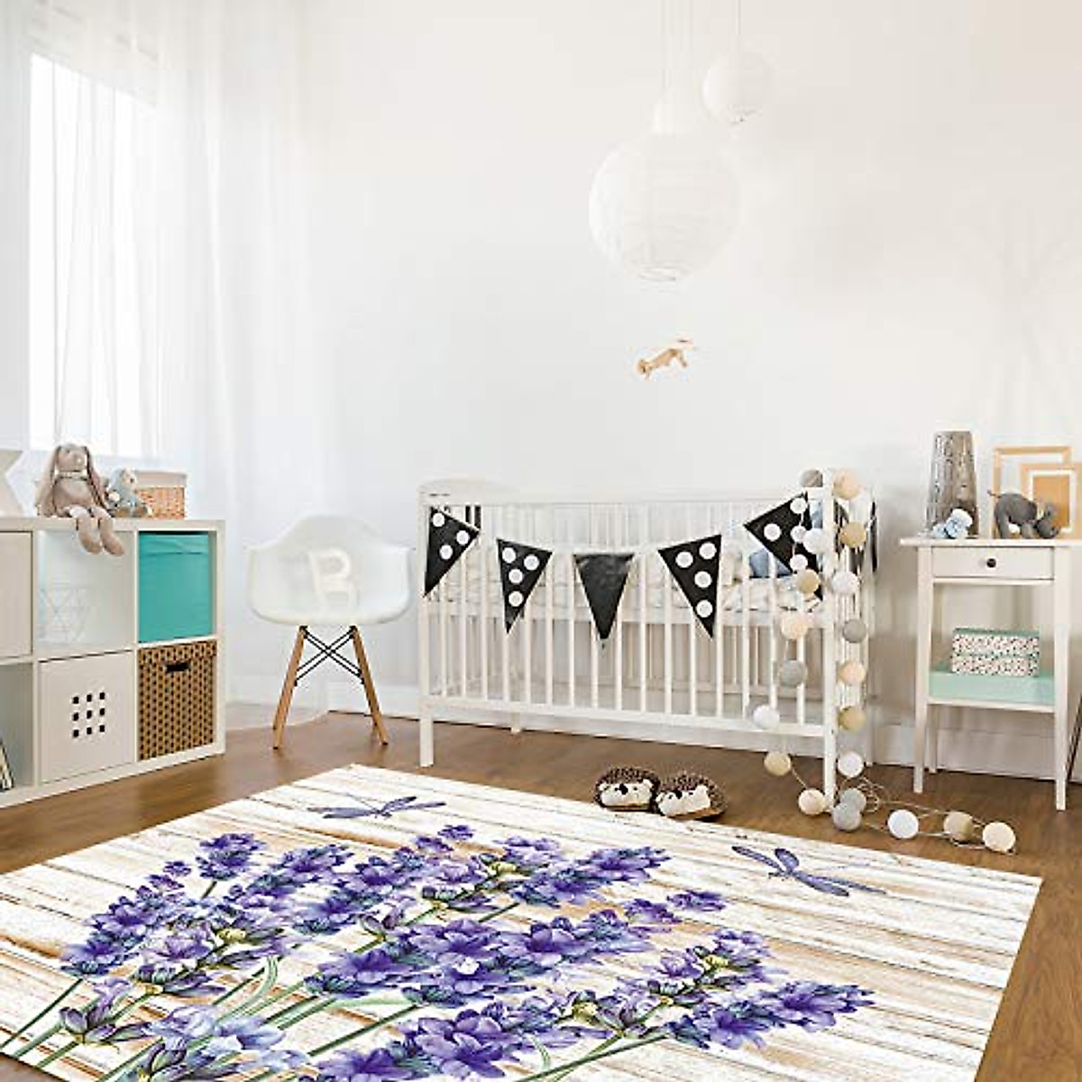 Indoor Area Rug 2' x 3' Purple Floral Lavender Dragonfly, Non-Slip Floor Rugs for Living Room/Bedroom/Baby Room/Nursery, Throw Carpet Floor Modern Home Decor Retro Country Wooden Board