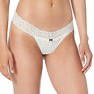 Maidenform Underwear Pack, All-Over Lace Thong Panties for Women, 3-Pack, Sandshell/Black/Pearl Dot Print
