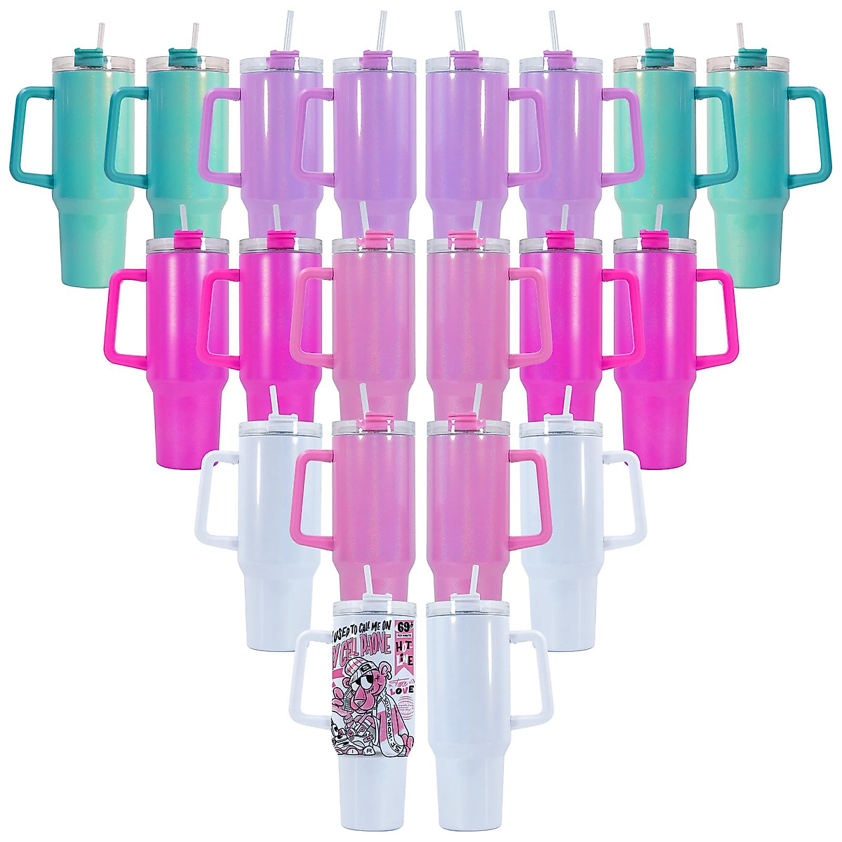 AGH 20 Pack 40 oz Sublimation Shimmer Green Pink Red Purple Tumbler with Stainless Steel Straw and Lid, Insulated Double Wall Vacuum Reusable Cups with Handle