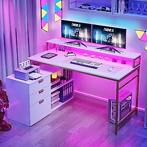 YITAHOME L Shaped Desk with Power Outlets and LED Lights, 55" Computer Desk with Drawers, Corner Office Desk with File Cabinet for Home Office, White & Gold