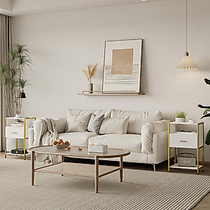 JOONEE White and Gold Nightstand, Modern Side Table with Fluted Drawer, Tall Night Stand with 3 Storage Shelves for Living Room, Bedroom