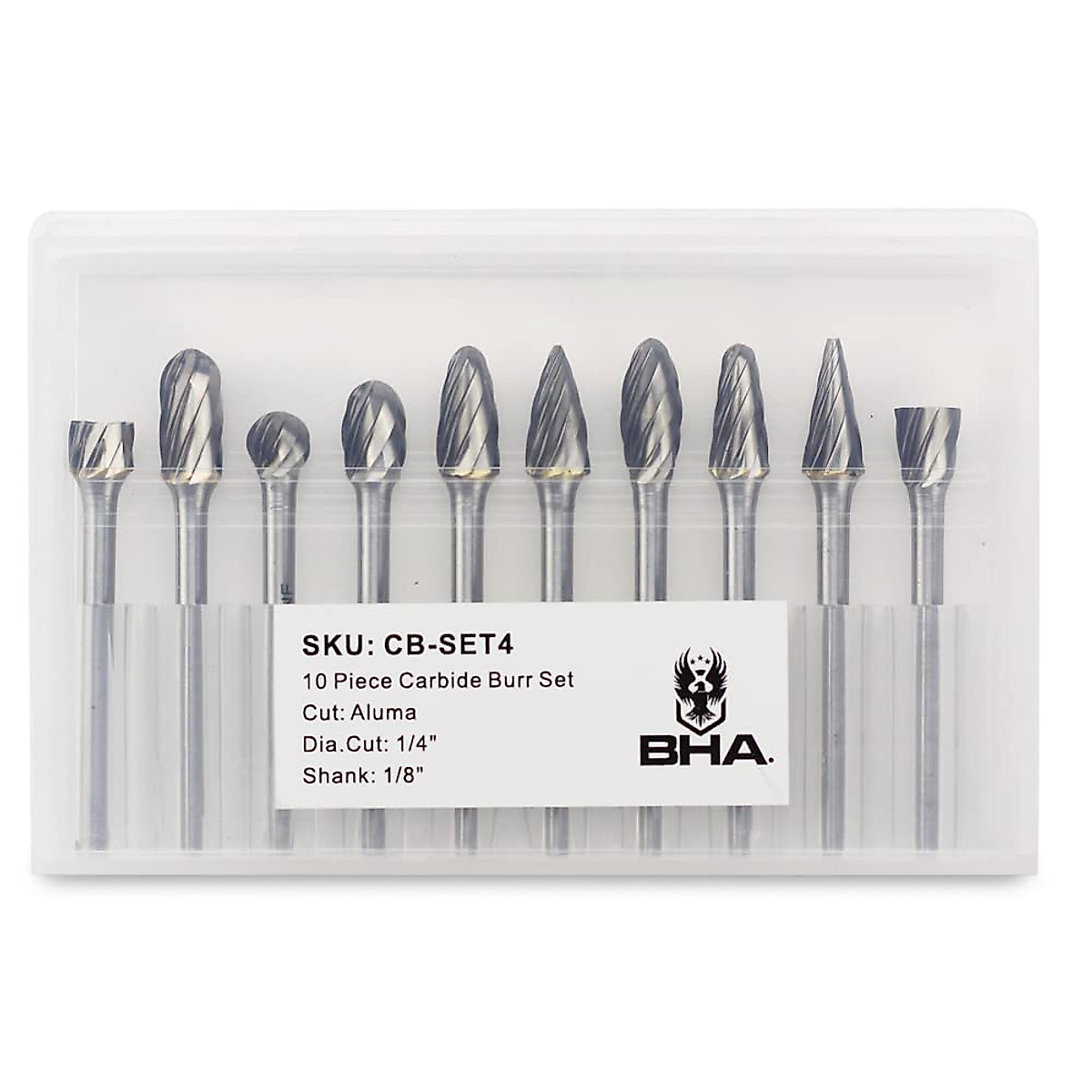 BHA Tungsten Carbide Burr Die Grinder Rotary Tool Bit Set for Aluminum and Other Non Ferrous Material Engraving and Precision Work, Aluma Cut with 1/8” Shank - 10 Pieces