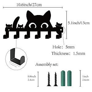 CREATCABIN Black Cat Key Holder for Wall Mounted Key Hook Metal Key Hanger Holder with 6 Hooks Metal Key Hanging Organizer Rack Wall Decor Hook for Entryway Front Door Hallway Office 10.6x5Inch