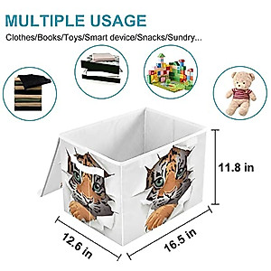 CaTaKu Animal Cute Tiger Storage Bins with Lids and Handles, Fabric Large Storage Container Cube Basket with Lid Decorative Storage Boxes for Organizing Clothes