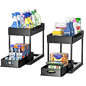 Appolab 2 Pack Under Sink Organizer, 2-Tier Sliding Cabinet Basket Organizer Drawers, Under Sink Organizers and Storage Bathroom Kitchen Cabinet Organizer with Hooks The Bottom Drawers Can Be Slid Out
