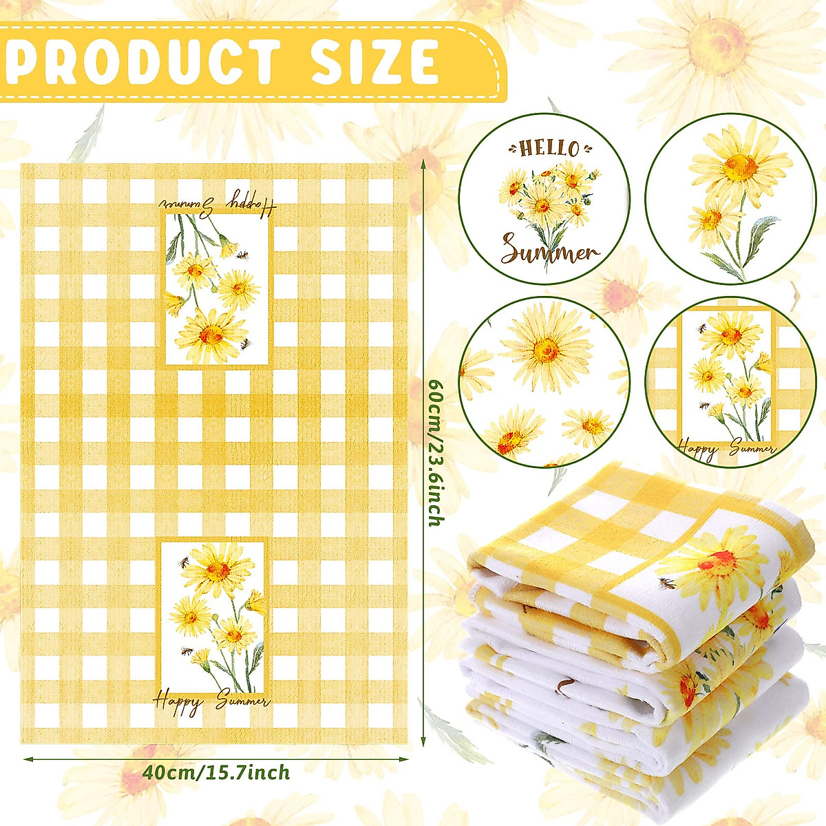 Buryeah 4 Pcs Kitchen Towels Set Yellow Daisy Dish Towels Yellow Dish Towels Absorbent Summer Kitchen Drying Towels for Kitchen Bathroom Party Seasonal Wedding Home Decorations,15.75 x 23.62 Inches