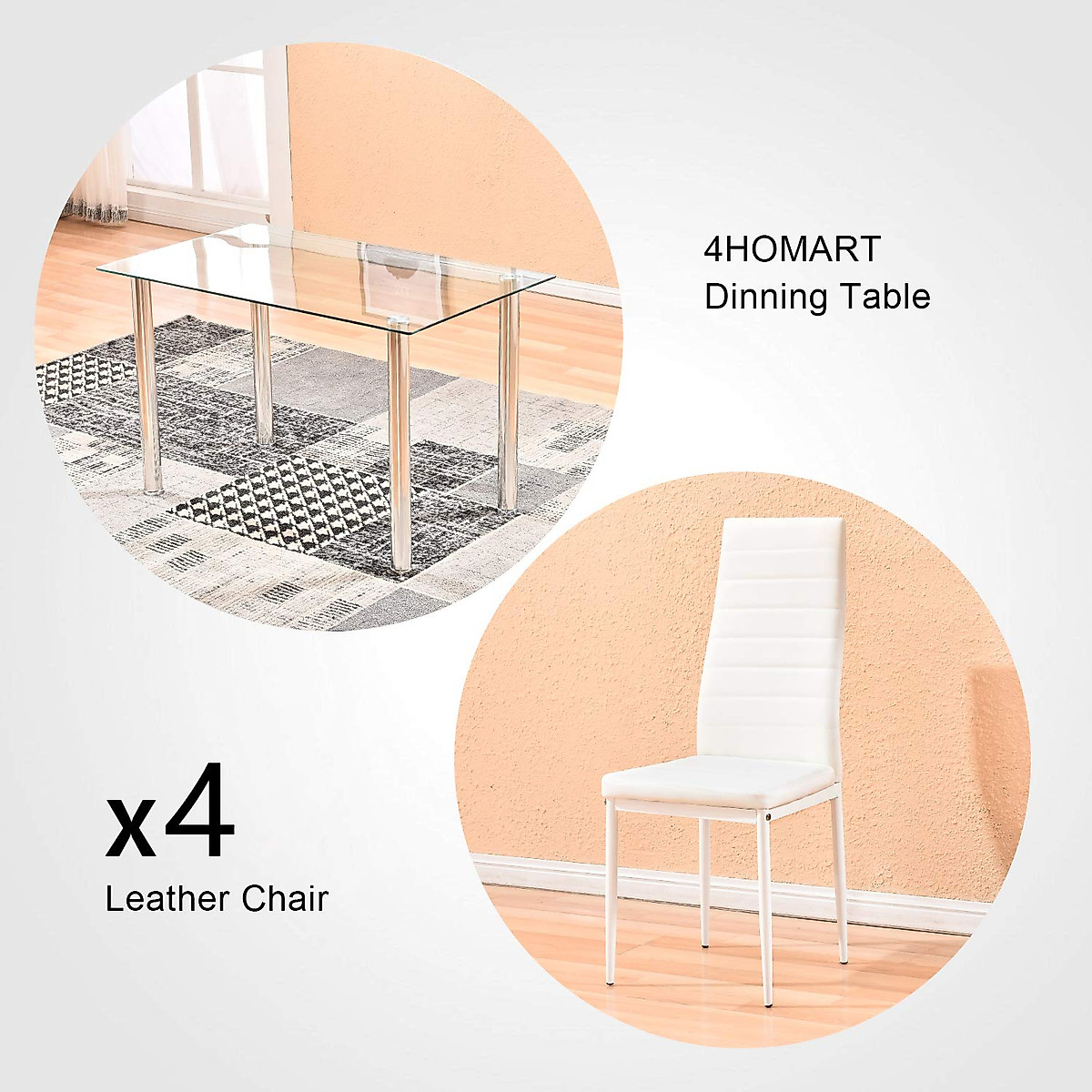 4HOMART 5 PCS Kitchen Table Set Modern Tempered Glass Top Table and PU Leather Chairs with 4 Chairs Dining Room Furniture White