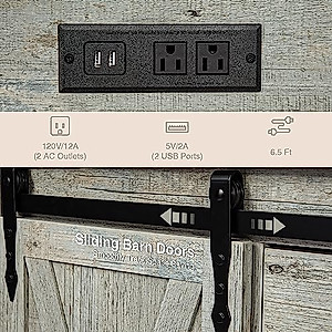 Wnutrees Farmhouse Coffee Bar Cabinet with Charging Station and USB Ports,Sliding Barn Door,43" Kitchen Hutch Sideboard Buffet Storage Cabinet,Fits Kitchen Dining Living Room,Grey