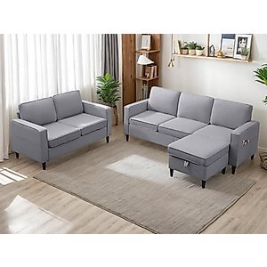 CECER 5 Seaters Upholstered Sectional Sofa, Linen Fabric Sofa Couch with Side Pockets, 3 Seater Couch and Chair with Movable Storage Ottoman, for Living Room-Sofa&Loveseat&Ottoman,Light Grey