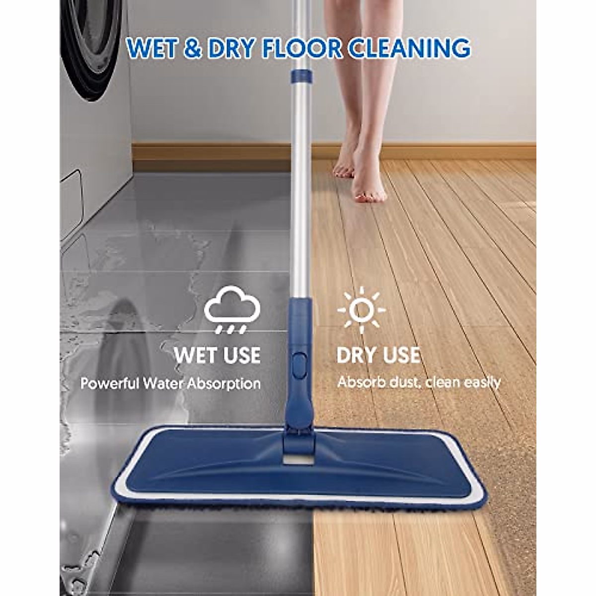 Microfiber Mops for Floor Cleaning - BPAWA Flat Floor Mop Wet Dry Dust Mop for Hardwood Floors Laminate Wood Tile Vinyl Wall Hard Surface, Bathroom Kitchen Mop with 4 Reusable Washable Chenille Pads