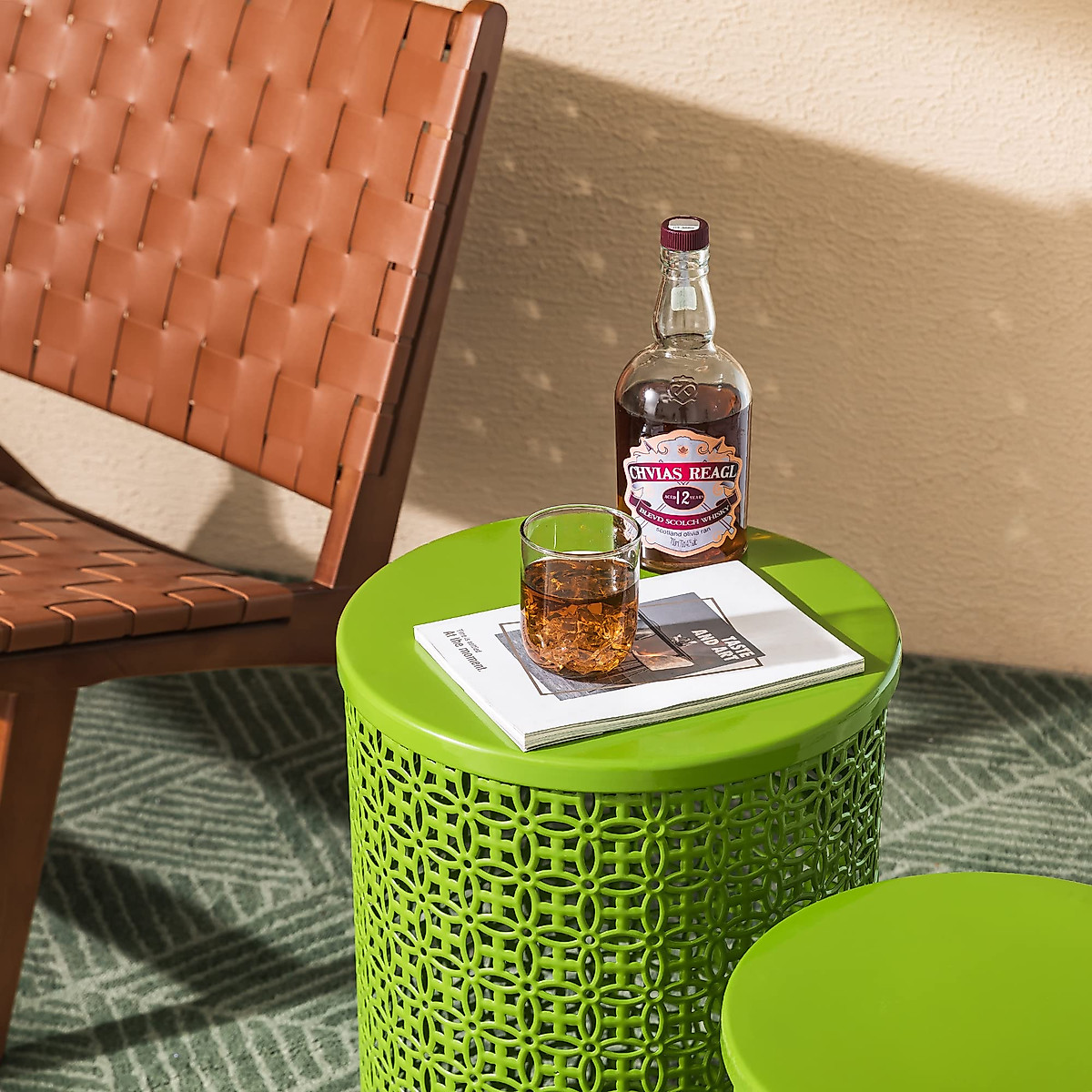 Glitzhome Outdoor Side Table Set of 2, Decorative Garden Stool for Indoor Outdoor Heavy Duty Metal Frame Accent Table Modern End Table, Glossy Green