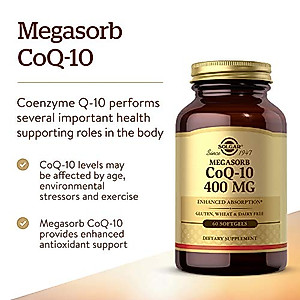 Solgar Megasorb CoQ-10 400 mg, 60 Softgels - Supports Heart & Brain Function - Coenzyme Q10 Supplement - Enhanced Absorption - Gluten Free, Dairy Free - 60 Servings