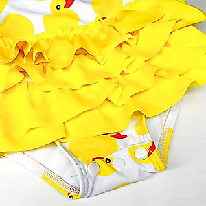 WINZIK Baby Girls One Piece Swimsuit Cute Duck Print Toddler Kids Swimwear Beachwear Bathing Suit Summer Clothes with Hat (12-18 Months, Yellow)