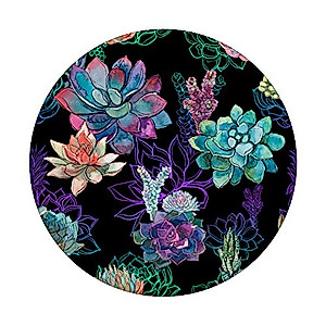 Black Base Succulent Teal Purple Plants Pattern PopSockets PopGrip: Swappable Grip for Phones & Tablets
