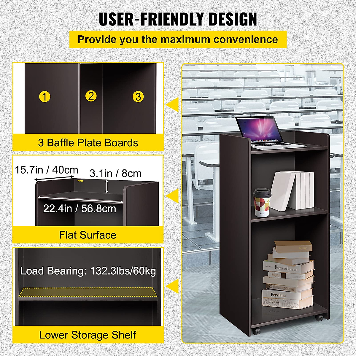 VEVOR Wood Podium, 23.6" x 47.2", Lecterns and Podiums w/ 4 Rolling Wheels, Flat Surface, Baffle Plate & Shelf, Easy Assembly Ebony Lecterns for Church, Office, School, Home Black