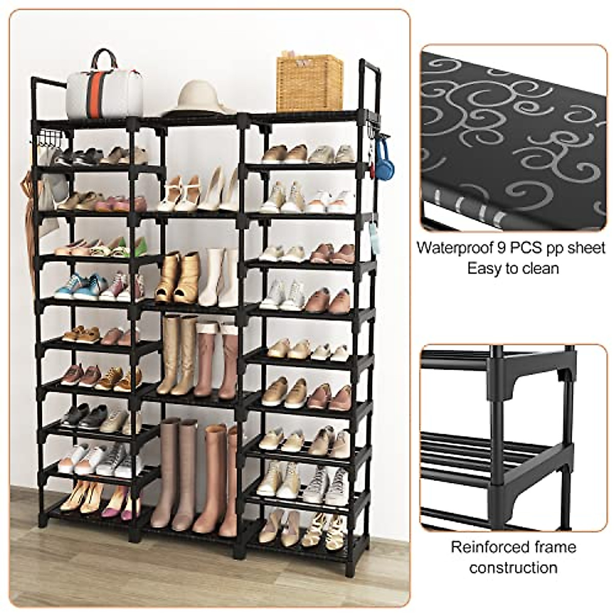 VTRIN Upgrade Shoe Rack Shoe Organizer for Entryway 10 Tiers Holds 54-62 Pairs Shoe and Boots Shelf Organizer Storage Organizer for Closet Durable Metal with Versatile Hooks for Bedroom Garage