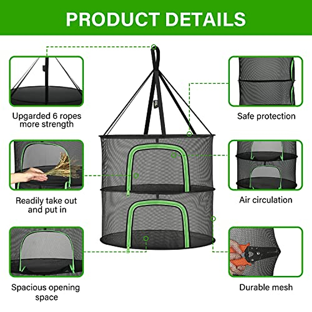 iPower Herb Drying Rack 2-Layer 2-Feet Hanging Mesh Net Dryer Collapsible with U-Shape Zippers, Pothook, Carabiner and Storage Pouch, for Hydroponics Flowers, Buds, Fruits, Seafoods, Clothes