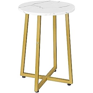 HOOBRO Round Side Table, Round Accent End Table with Sturdy X-Shaped Metal Frame, 15.7" Round Nightstand, for Living Room, Bedroom, Balcony, Office, Gold and Marble DM95BZ01