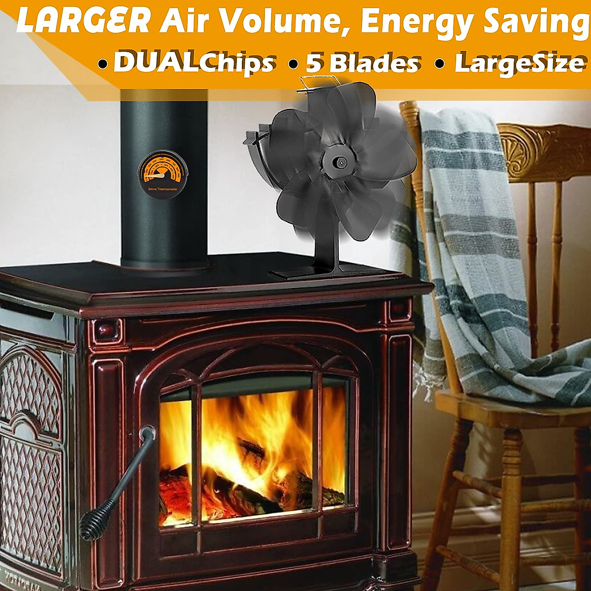 CWLAKON Wood Stove Fan, Large Size Heat Powered Fireplace Fan for Gas/Pellet/Wood Burning Stove, Silent Eco Stove Top Fan 5-Blades with Thermometer