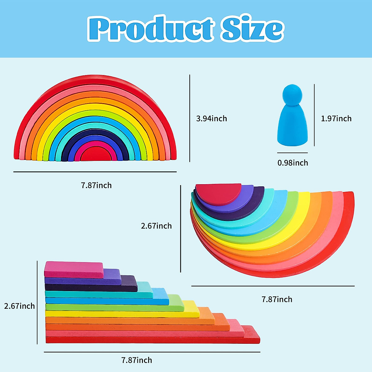 XJYQJD Wooden Rianbow Stacker Playset, 4-in-1 Rainbow Stacking Toys Building Blocks for Kids Ages 3 4 5 Preschool Montessori Toys Christmas Birthday Gifts for Toddlers Boys Girls 3-5 (45 Pieces)