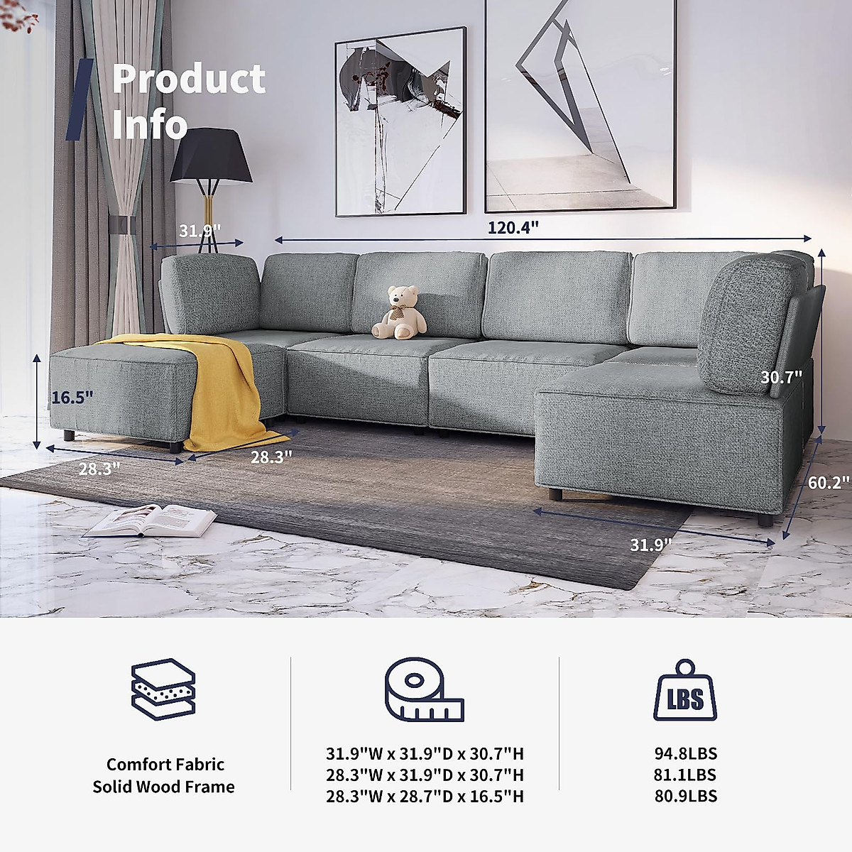 ZAFLY Modular Sectional Sofa Couch, U/L Shaped Couch with Oversized Seats, Ottoman, Convertible Modern Linen Fabric Reversible Chaise, Sofa Sleeper for Living Room, Apartment 120.4" W (Light Gray)