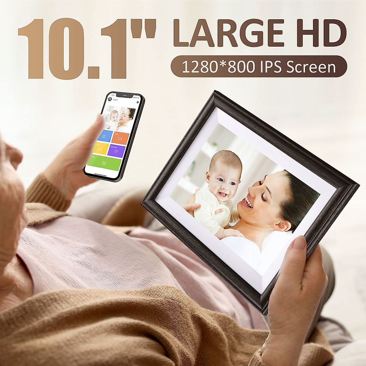 WiFi Digital Picture Frame, Pastigio 10.1" HD Wooden Digital Photo Frame with Delicate LCD Display, 16GB Storage, Auto-Rotate, Instant Share Photos and Videos via App, Email, Cloud from Anywhere