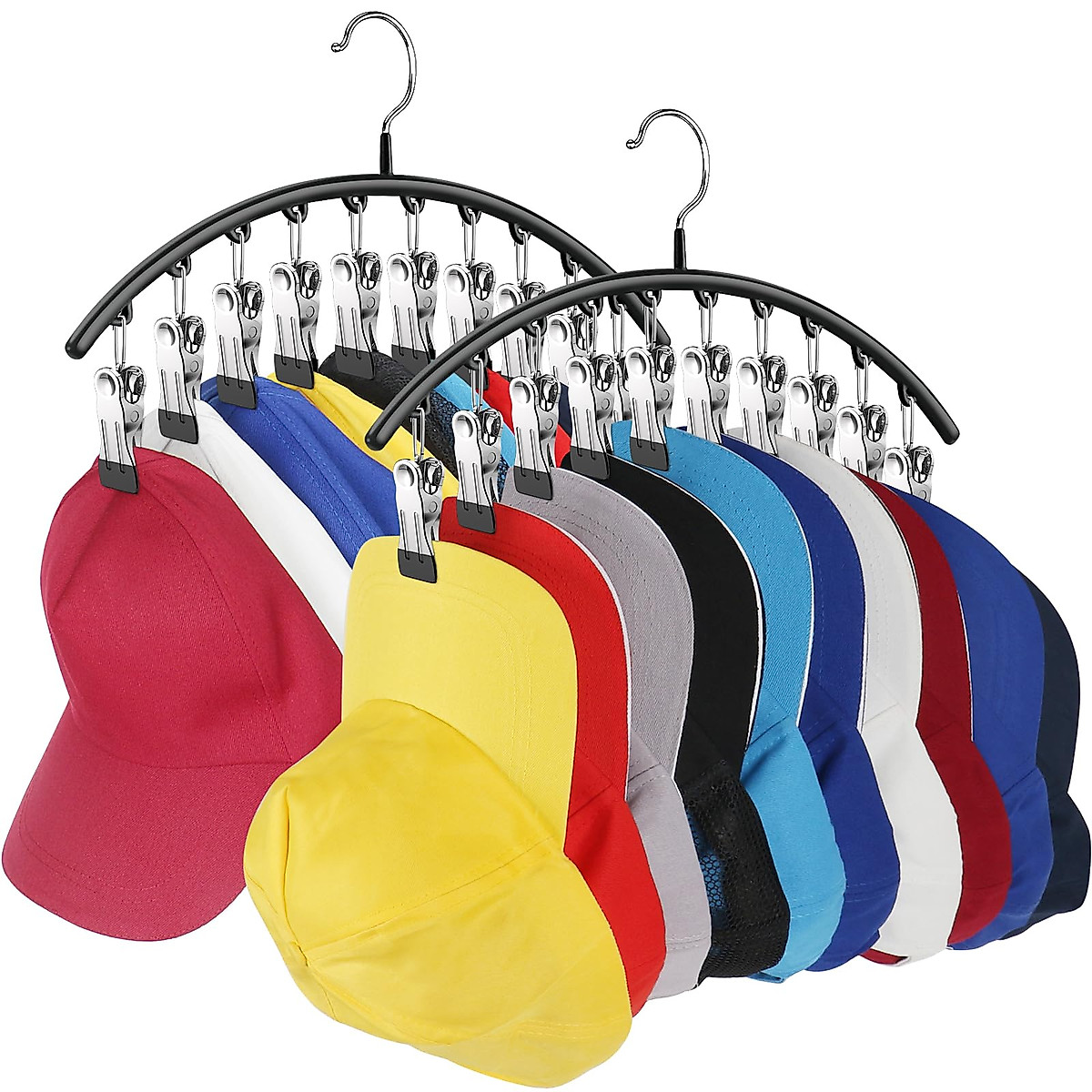 Hat Organizer for Baseball Caps, Hat Hanger 2Pcs with 10 Clips Holds 20 Hats/Leggings/Pants, Closet Organizers and Storage w/Rubber Coated, Leaving No Mark, Space Saving