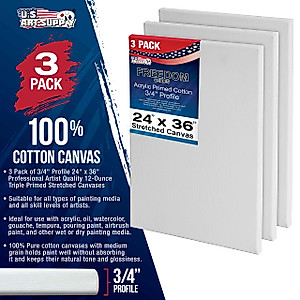 U.S. Art Supply 24 x 36 inch Stretched Canvas 12-Ounce Triple Primed, 3-Pack - Professional Artist Quality White Blank 3/4" Profile, 100% Cotton, Heavy-Weight Gesso - Acrylic Pouring, Oil Painting