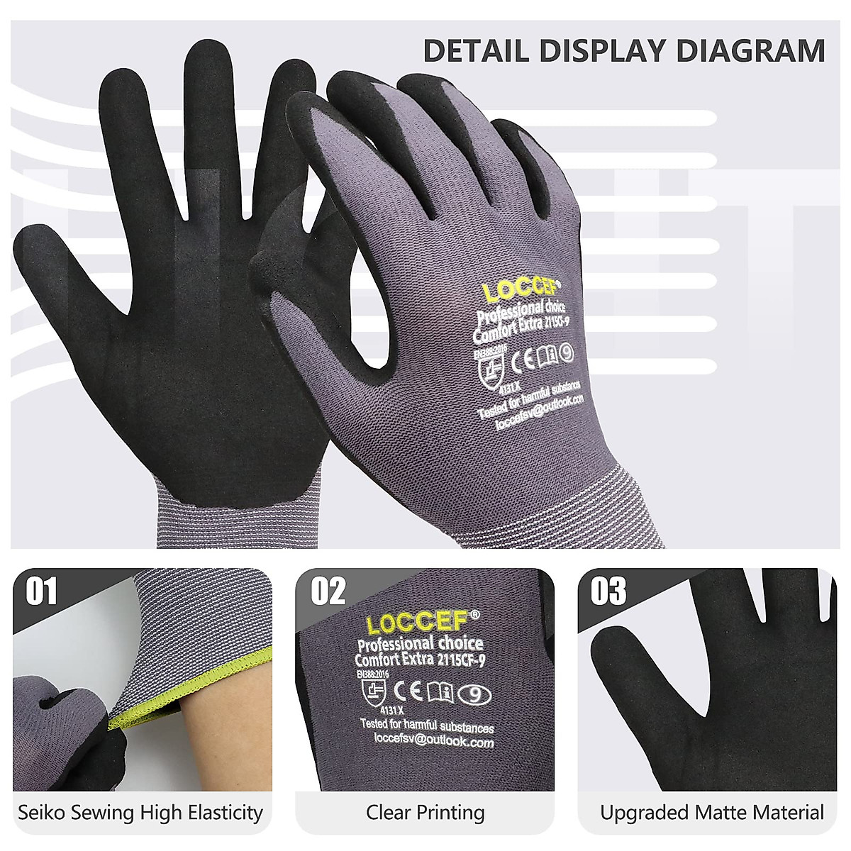 LOCCEF Work Gloves MicroFoam Nitrile Coated-6 Pairs,Seamless Knit Nylon Gloves,Gray Work gloves (8/M, Gary-6 Pairs)