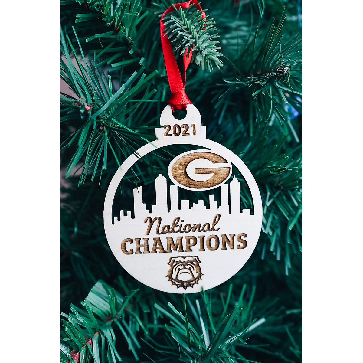 Georgia B U L L D O G S 2021 CFB National Champions SKYLINE Christmas Ornament Christmas Tree Decor Wood Engraved Ornament