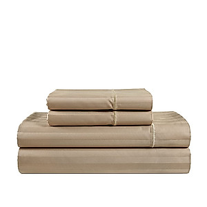 100% Egyption Cotton Cal King Solid Sheet Set & Striped Sheets Set of 2 Combo- 800 Thread Count Sateen Weave Cal KIng Size Solid Sheets & Striped Sheets, Deep Pocket Cotton Bedsheets - Taupe
