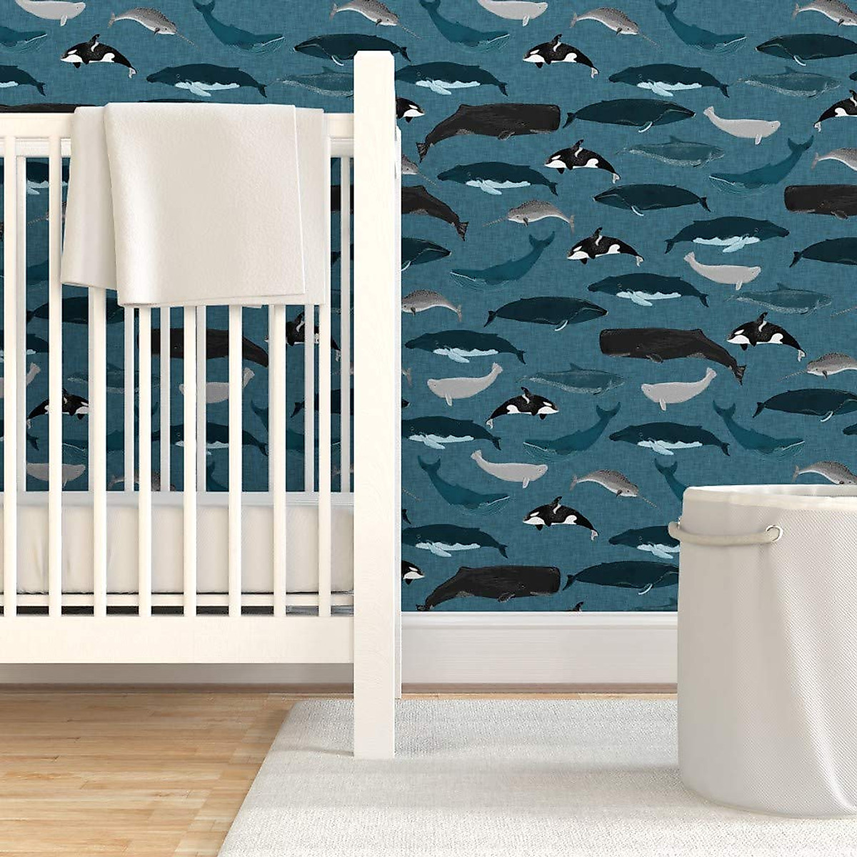 Spoonflower Peel & Stick Wallpaper 9ft x 2ft - Whale Whales Ocean Sea Creature Pod Beluga Narwhal Blue Nautical Custom Removable Wallpaper