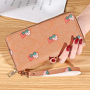 ZHAOCC Ladies Wallet, Ladies Compact Clutch Mini Wallet Women s Cute Strawberry Print Wallet Long Handbag Wild Zipper Clutch Bag Multi-Card Wallet (Color : Brown)