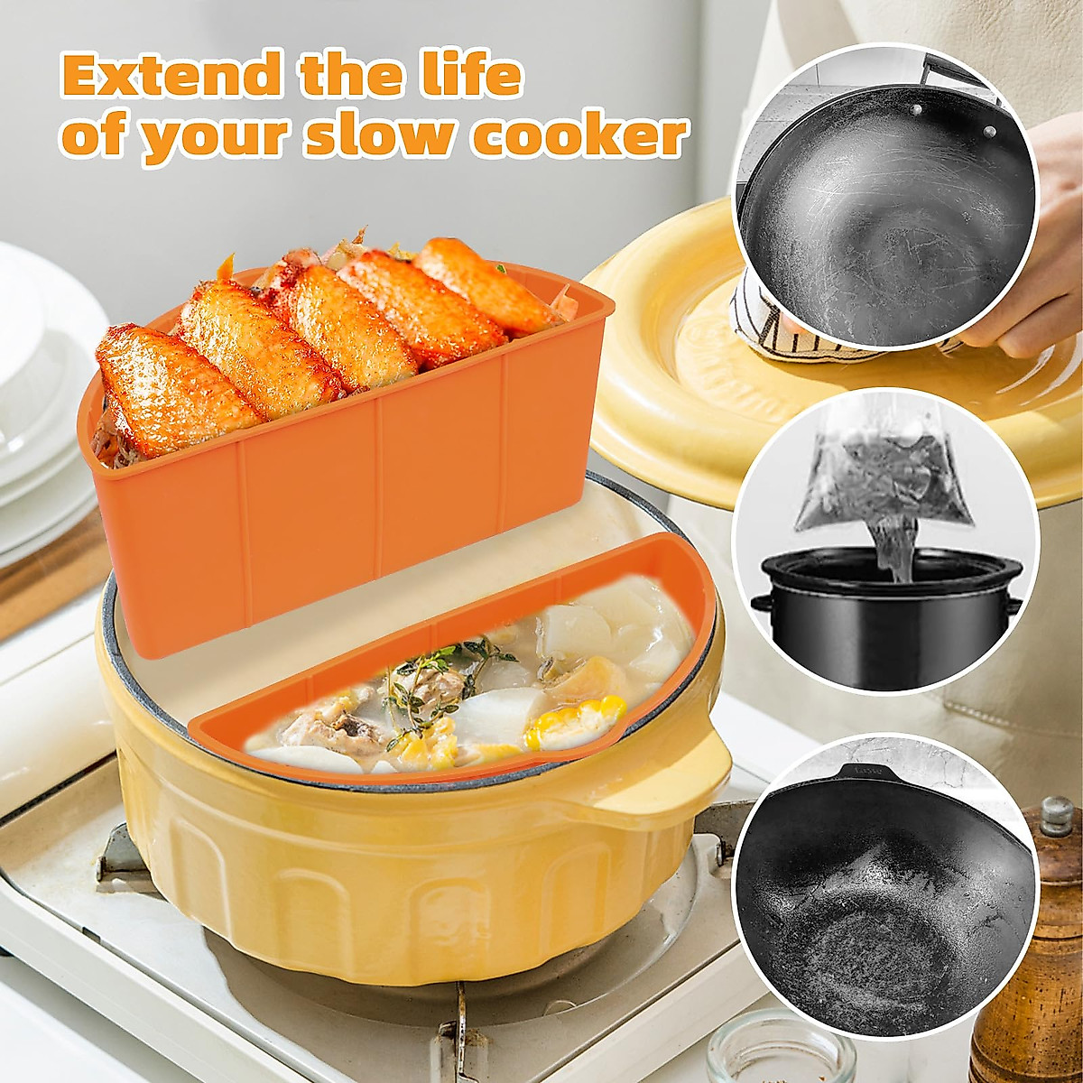 Silicone Crock pot Liner Fit 6-7 Quart Oval Slow Cooker Reusable Leakproof Easy Clean Cooking Bags Divider Dishwasher Safe (Orange)