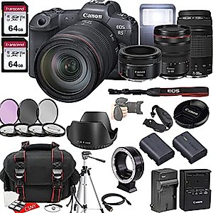 Canon EOS R5 Mirrorless Camera w/RF 24-105mm f/4 L is USM Lens + EF 75-300mm f/4-5.6 III Lens + EF 50mm f/1.8 STM Lens + 2X 64GB Memory + Hood + Case + Filters + Tripod + More (35pc Bundle)