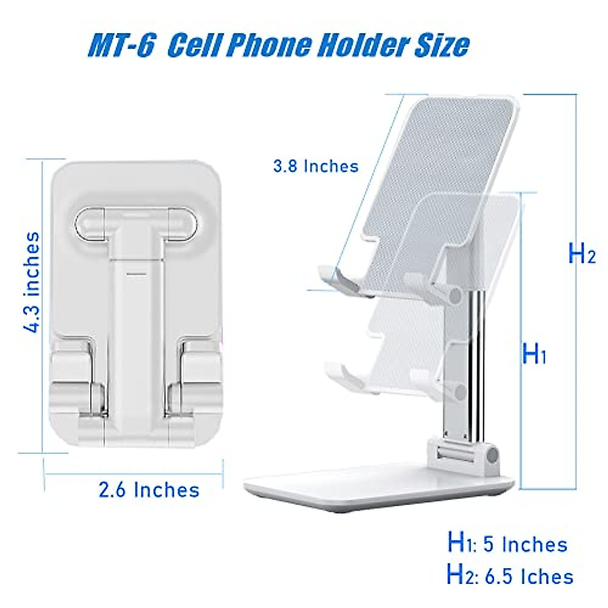 OGMAPLE Cell Phone Stand, Angle Height Adjustable Cell Phone Holder with Silicon Pad for Desk Fully Forldable Mobile Phone Holder Compatible with All Mobile Phones, MT-6, (White)
