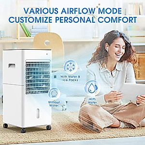 AGILLY 3-in-1 Evaporative Air Cooler, 3 Wind Speeds, 60°Oscillation Swamp Cooler, 12H Timer, Remote Control & LED Screen, Portable Air Conditioner Fan for Small Room Home & Office, White