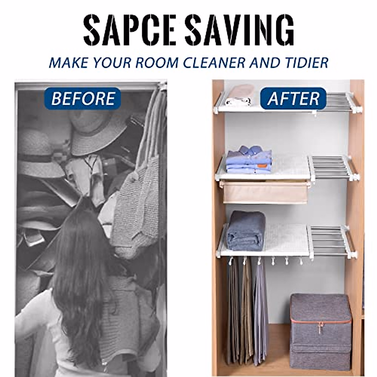 ChoiCARE Closet Tension Shelf & Rod, Adjustable Organizer for Closet, Expandable Closet Tension Shelf Storage Rack for Cabinet Wardrobe Cupboard Kitchen Bedroom ((13-20.9) x 11.8'')