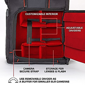 USA GEAR DSLR Camera Backpack Case - 15.6 inch Laptop Compartment, Padded Custom Dividers, Tripod Holder, Rain Cover, Long-Lasting Durability and Storage Pockets - Compatible with Many DSLRs (Red)