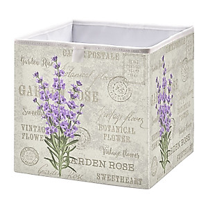 Kigai Vintage Postcard Lavender Bow Storage Box, Foldable Storage Bins with Handle, Decorative Closet Organizer Storage Boxes for Home