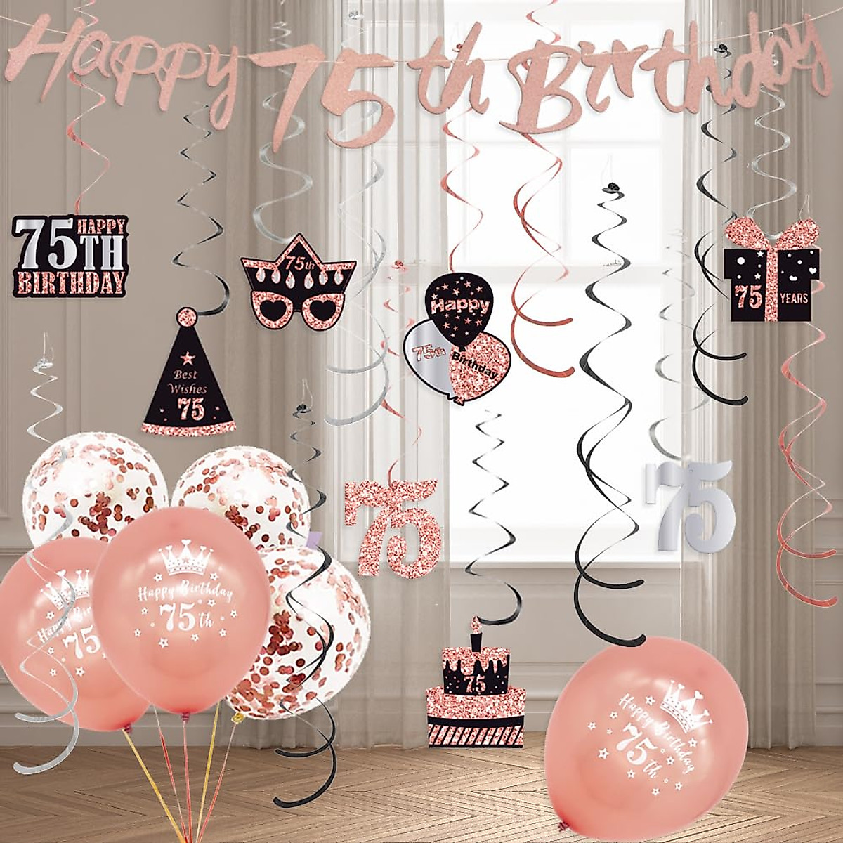 WOJOGO 75th Birthday Decorations for Women, Rose Gold 75 Birthday Decorations For Women, Happy 75th Birthday Banner Hanging Swirls Birthday Cake Topper Balloons Decor Kit for Party Supplies