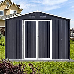EMKK 10x8 FT Outdoor Storage Shed with Floor,Tool Garden Metal Sheds with Lockable Door,Outside Waterproof Galvanized Steel Storage House for Backyard Garden, Patio, Lawn